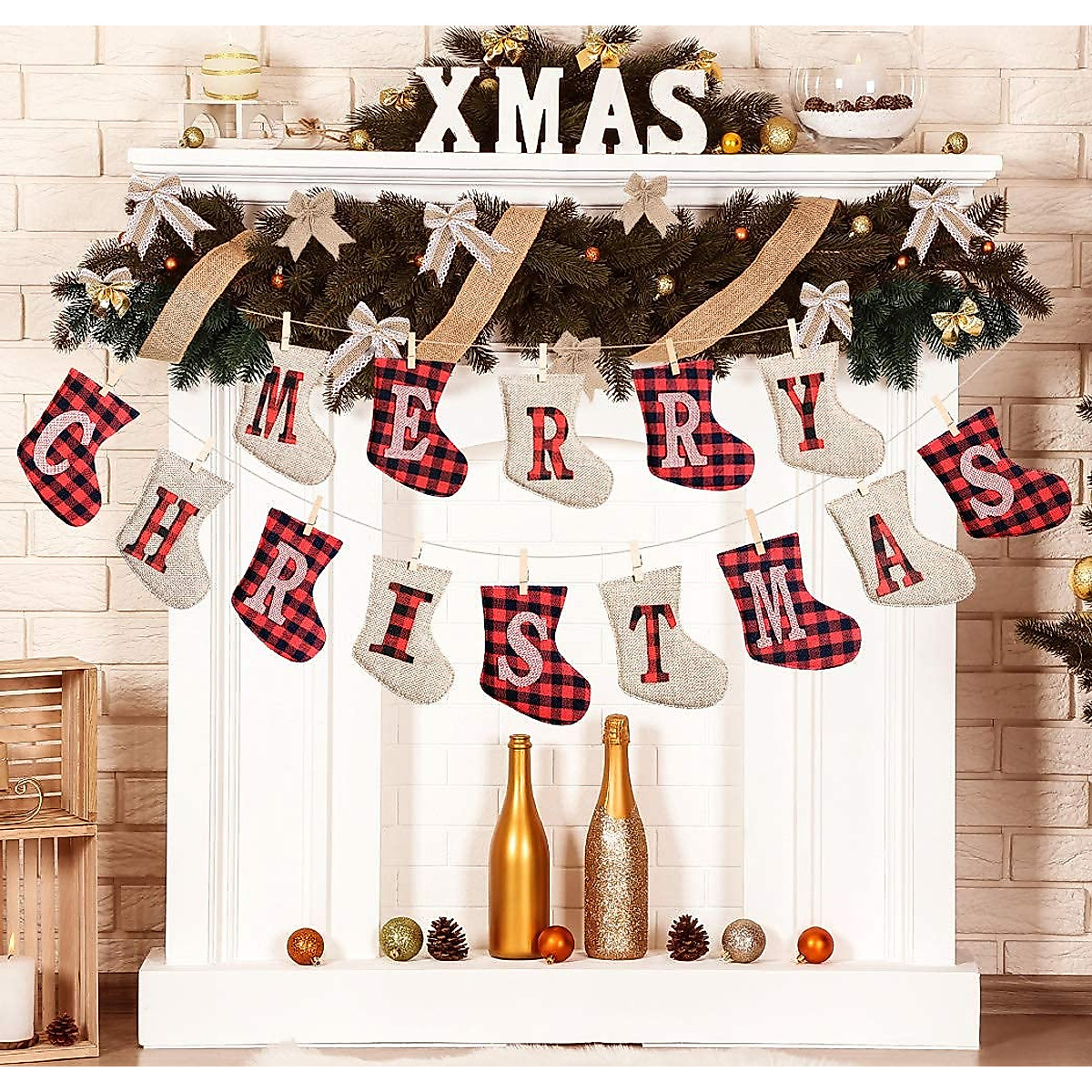 Merry Christmas Banner, Rustic Christmas Tree Ornaments Stocking Decorations, Unique Hand-Sewn Burlap Socks Shaped Christmas Tree Decorations, Stockings for Home Office Party Fireplace Decoration