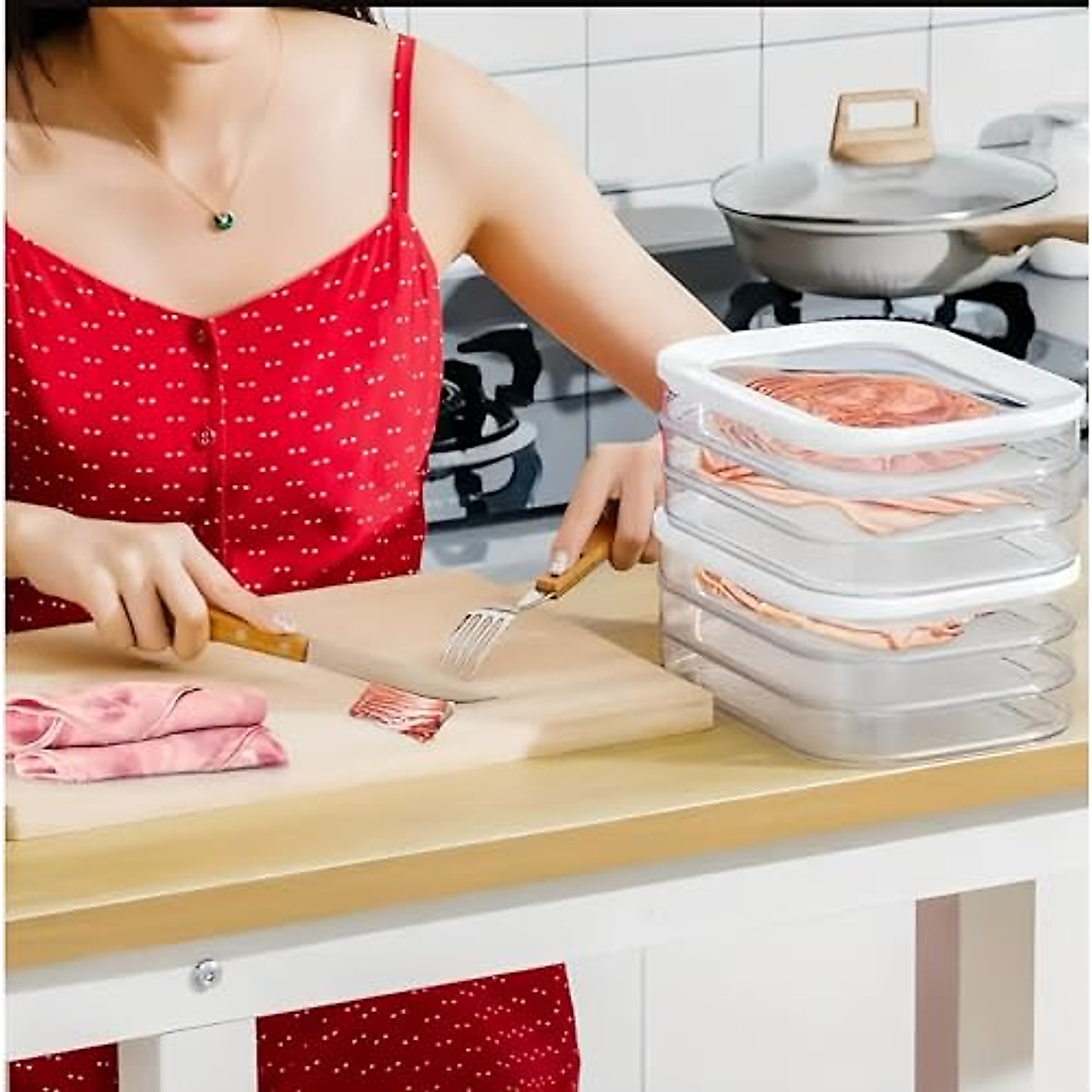 Sufeasdf Bacon Storage Container For Fridge,Deli Storage,Stackable Lunch Meat Storage,Ham And Cheese Container For Fridge-Cold Storage With Lid. (White B 8.8 * 6.3 * 3.4)