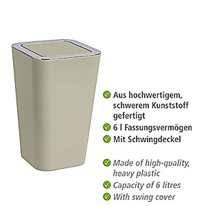 WENKO Small Trash Can with Lid, Swing Lid, Mini Waste Basket, Garbage Can, Stylish Garbage Bin for Bathroom, Bedroom, Kitchen, 1.6 Gallon, 7.1 x 11.2 x 7.1 in, Taupe