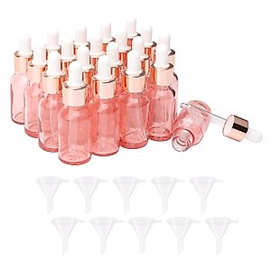 JIUWU 20Pcs 15ml Glass Dropper Bottles with Glass Eye Pipette, Pink Sample Dropper Vials Empty Travel Essential Oil Perfume Glass Tincture Bottles Vials, 5 Funnel Include