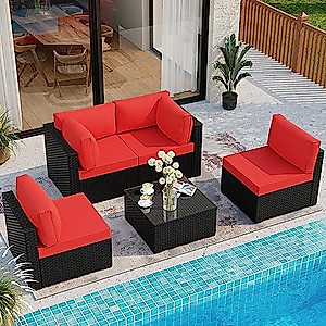 Shintenchi 5 Pieces Outdoor Patio Sectional Sofa Couch, Black PE Wicker Furniture Sets, Patio Conversation Sets with Washable Cushions Glass Coffee Table for Garden, Poolside, Backyard,Red