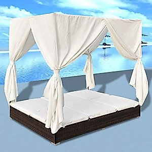 Festnight 2-Person Sun Lounger with Curtains Sunbed Outdoor Sofabed Garden Furniture Weather-Resistant & Waterproof PE Poly Rattan Removable & Washable Cushion Brown