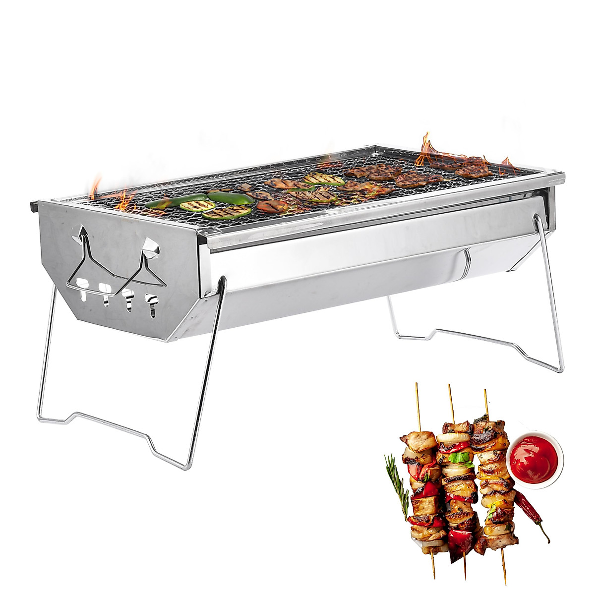 Zorestar Portable Folding Charcoal Grill, Premium Stainless Steel Outdoor BBQ for Camping, Picnics, Backyard Barbecues, Easy Setup, Storage, Ventilation Design, Sturdy & Compact for Travel