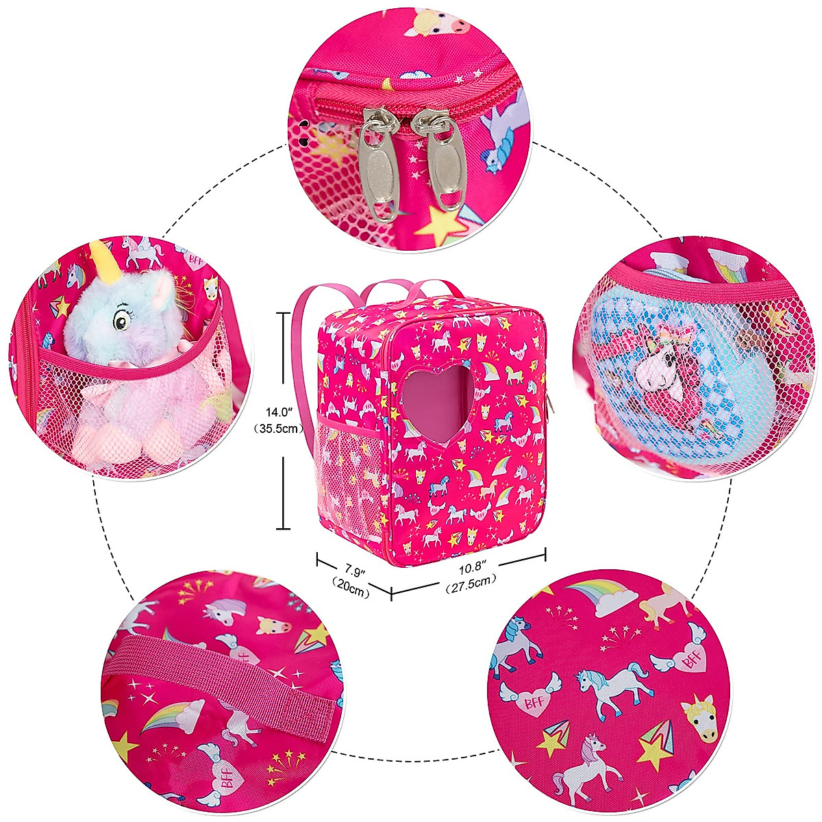 K.T.Fancy 7 PCS 18 inch Dolls Bag Carrier Set and Accessories Including 18 Inch Doll Clothes, Shoes, Sunglasses, Doll Backpack and Toy Unicorn (NO Doll)