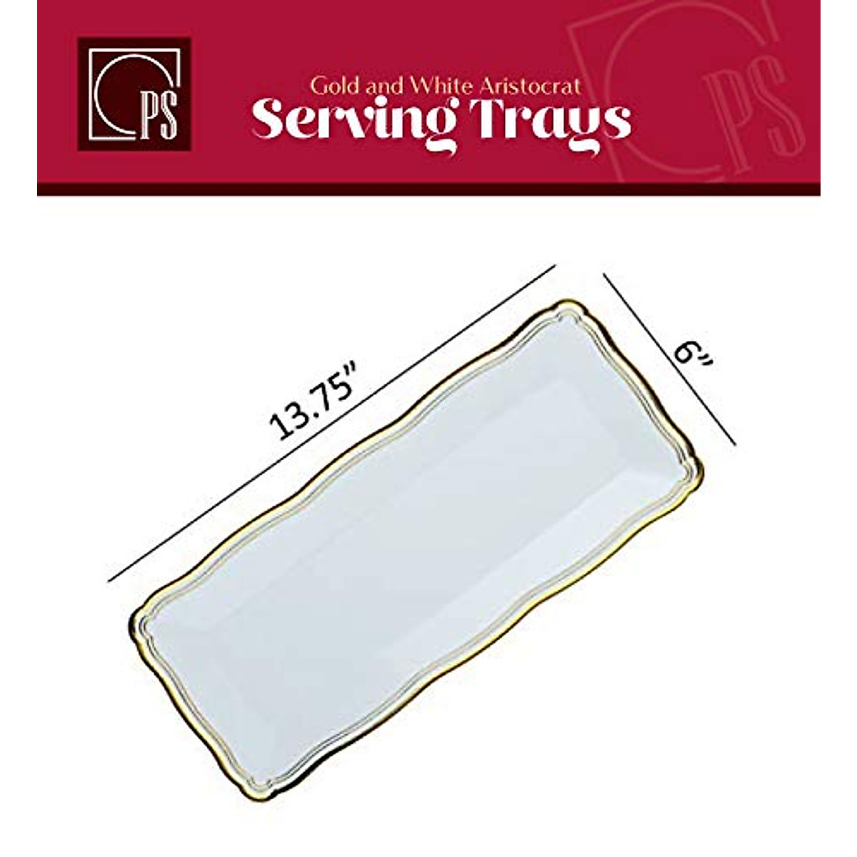 Plastic Serving Tray | White Rectangular Serving Trays with Gold Rim Border, Disposable Heavyweight Serving Party Platters, 13.75" x 6" 6 Pack. - Posh Setting
