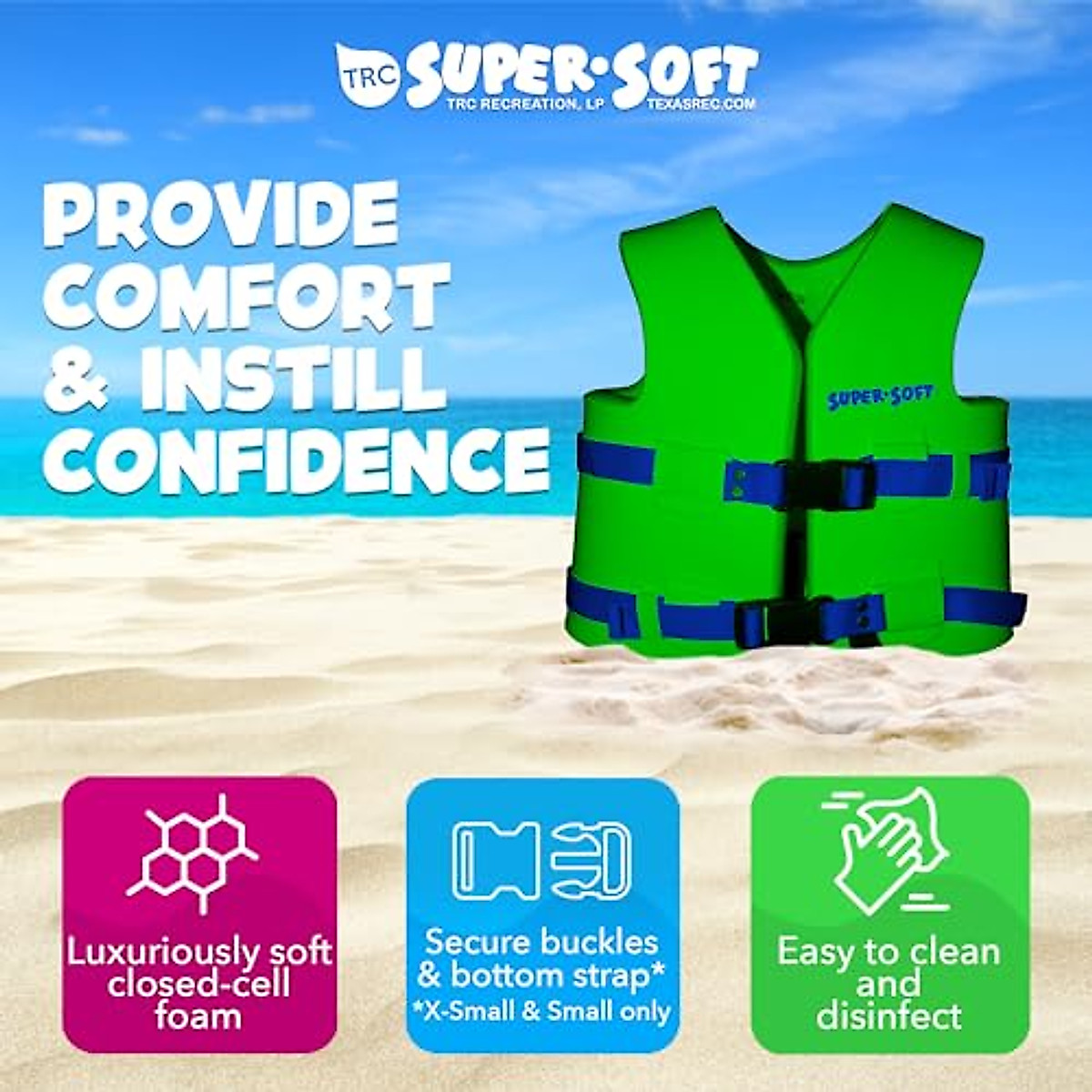 TRC Recreation Super Soft Child Size Small Life Jacket USCG Approved Vinyl Coated Foam Swim Vest for Kids Swimming Pool and Beach Gear, Fierce Green