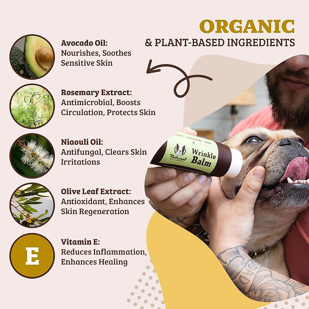 Natural Dog Company Wrinkle Balm, Travel Stick, 0.15 oz, Dog Lotion for Dry Itchy Skin, Cleans Wrinkles, Yeast Infection Treatment for Dogs, Plant Based, Frenchie Dog Accessories, Made in USA