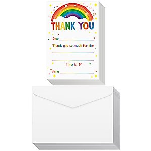 72 Pieces Kids Thank You Cards Fill in the Blank Thank You Notes with Envelopes Colorful Thanks Cards for Birthday Party(Rainbow Style)