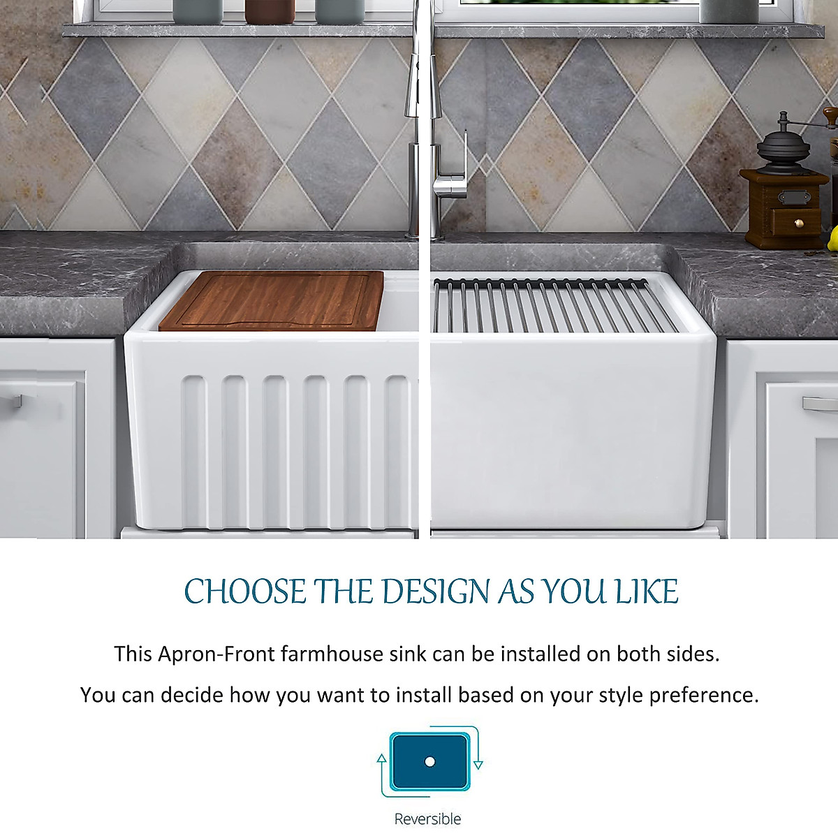 MEJE #KS 30x20 inch Apron-front Step Rim Workstation Farmhouse Kitchen Sink,Ceramic Single Bowl with Cutting Board,Grid & Strainer - White