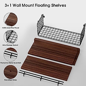 Xeapoms Floating Shelves with Wire Storage Basket, Wall Mounted Bathroom Shelves Over Toilet with Metal Guardrail, Rustic Wood Wall Shelf for Bathroom Decor,Bedroom,Living Room,Kitchen – Rustic Brown