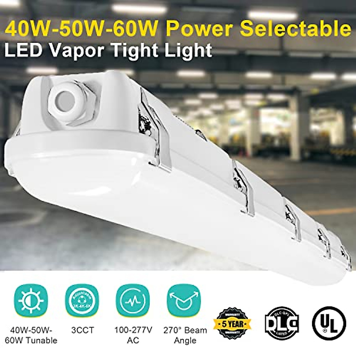 OSTEK LED Vapor Tight Light, 4FT 5200LM 40W-50W-60W Power Tunable Vapor Proof Light, 3CCT 3000k-4000k-5000k, IP65 LED Shop Light for Garage, Car Wash, Walk-in Freezer, 100-277V, UL&DLC Listed (6-Pack)