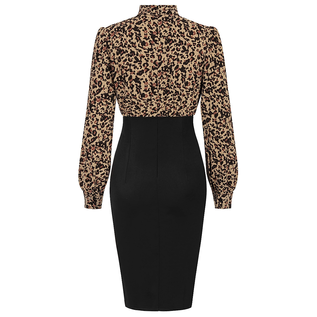 GRACE KARIN Women's Business Colorblock Bodycon Sheath Dress Long Sleeve Tie Neck Office Leopard Pencil Dress Wear to Work Brown XXL