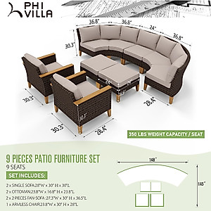 PHI VILLA Outdoor Patio Furniture 9 Seat Half-Moon Curved Sectional Oversized Wicker Sofa Set with Cushions, Beige for Poolside,Garden