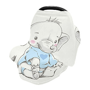 MNSRUU Baby Car Seat Covers Canopy Cover Blue Boy Elephant Baby Infant Stroller Cover Full Coverage Carseat Canopy Breathable Nursing Cover for Breastfeeding
