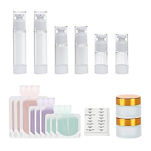 19 Pcs TSA Approved Travel Toiletries Containers Set - Refillable Vacuum Pump Bottle, Squeeze Pouches, Clear Glass Jar for Toner Shampoo Conditioner Lotion Body Wash (Include Cosmetic Bag Label)