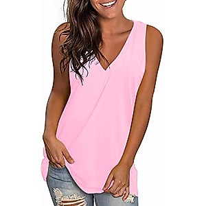 LONGYUAN Ladies Tunic Sleeveless Casual T shirts V Neck Tank Tops Soft Loose Fit Blouses Pink,Small