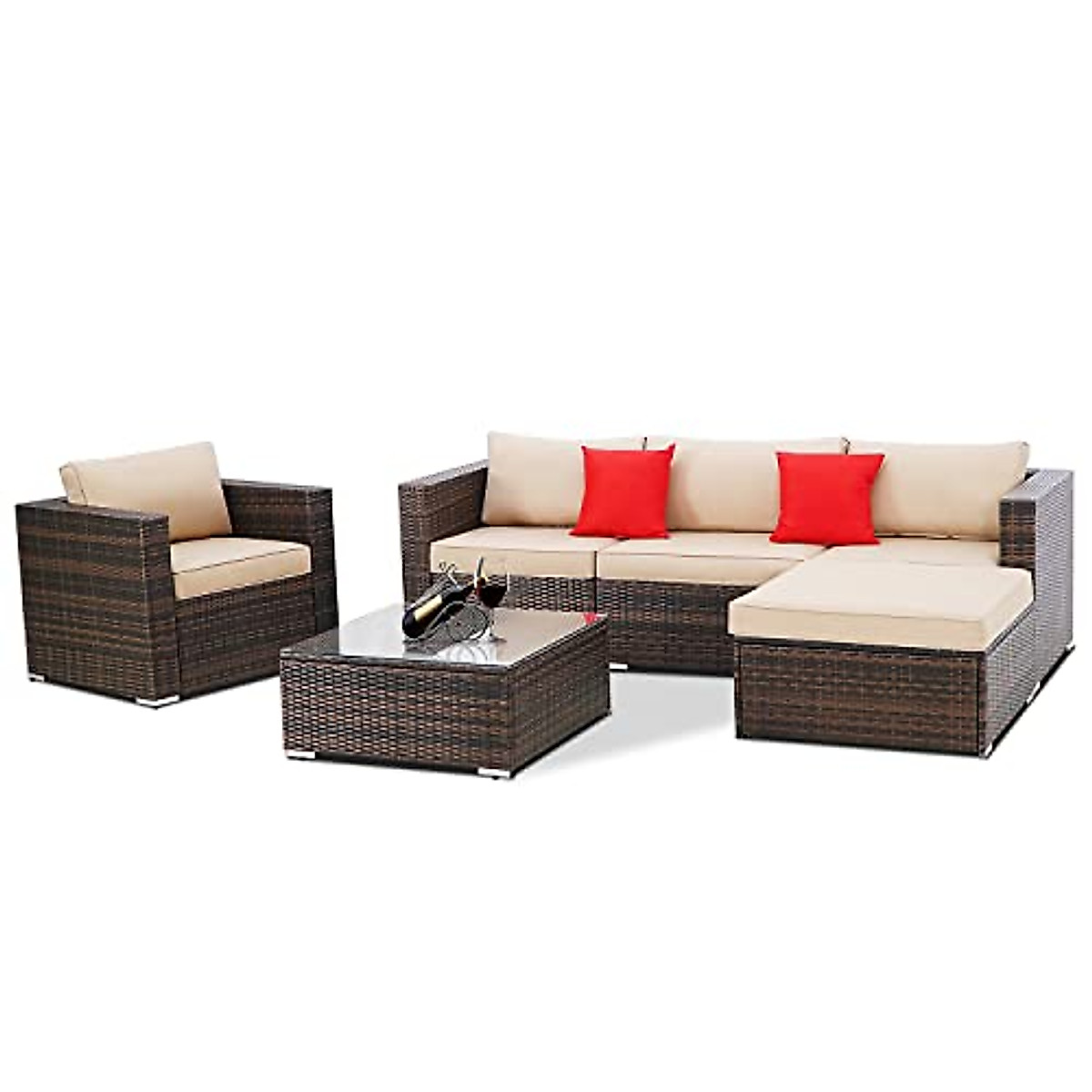 SUNCROWN 6-Piece Outdoor Furniture Patio Sectional Sofa - PE Rattan Wicker Conversation Set with Cushions and Coffee Table