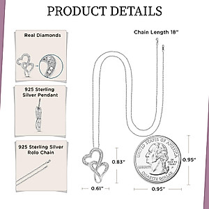 Jewelili Double Heart Necklace Pendant with Natural White Round Diamonds in Sterling Silver 18 inch Rolo Chain