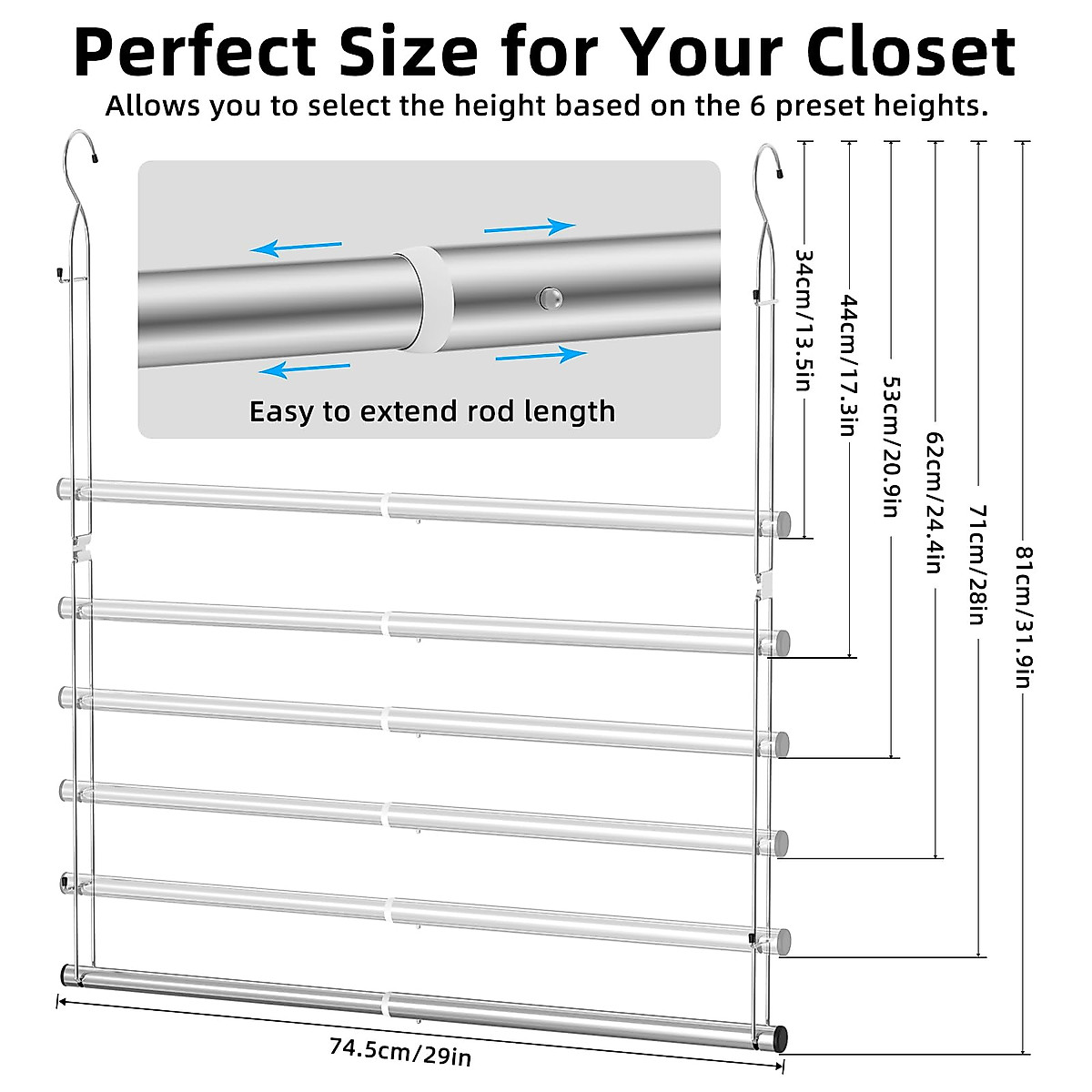 STARTOSTAR Closet Hanging Rod, Width and Height Adjustable Closet Extender Hanging Rod, Closet Hanging Organizer, Stainless Steel Double Closet Rod, Space-Saving Clothes Hanging Bar -1 Pack