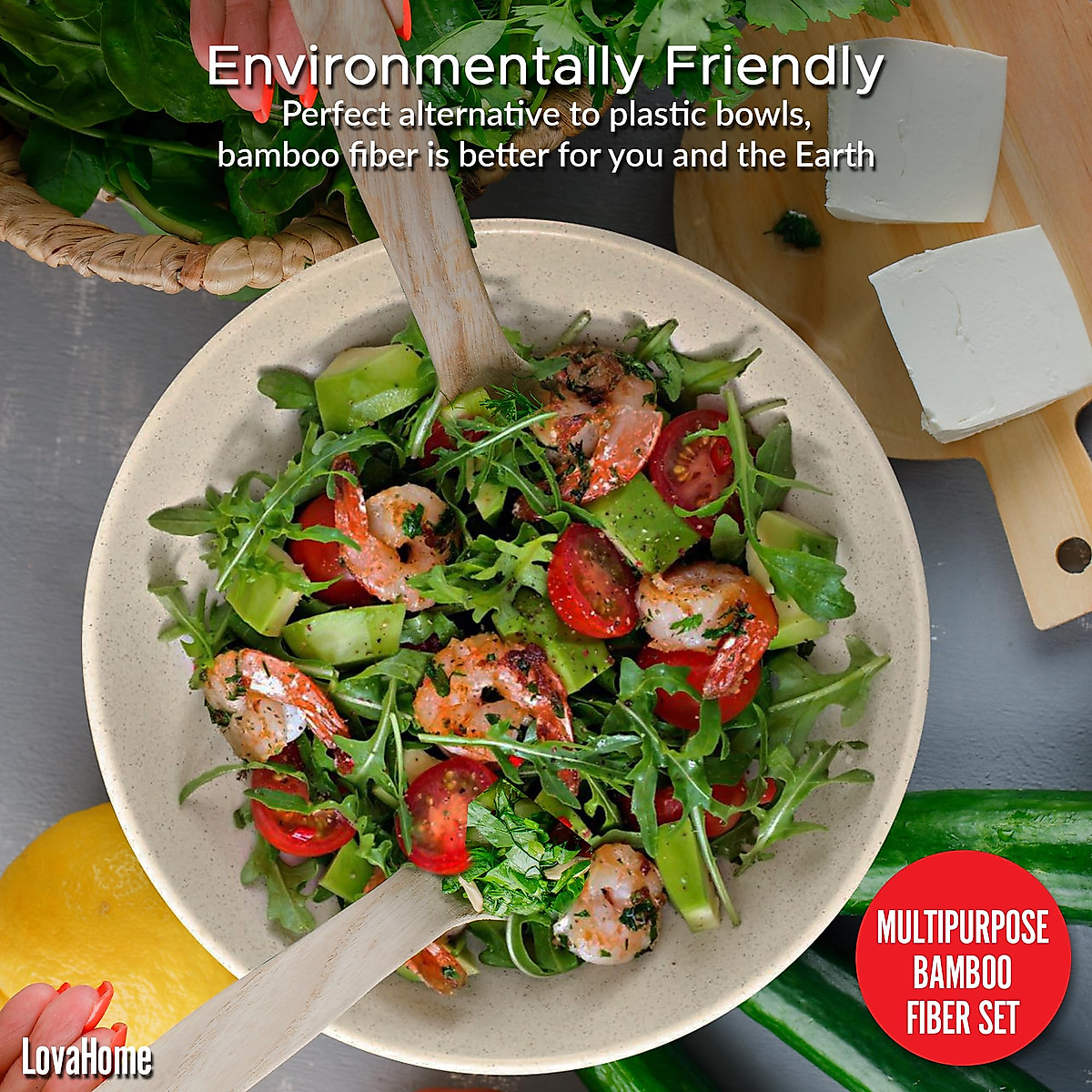 Large Bamboo Salad Bowl Set with Cutting Board Lids and Serving Utensils - Small, Medium and Big Salad Bowl with Lid - White Dish Set - Bamboo Mixing Bowls Set for Chips, Dip, Fruit, Popcorn, Parties