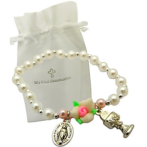 First Communion Rosary Bracelet Rose Stretch Wrist Fashion for Girls with Holy Prayer Card and Bag Gift Set
