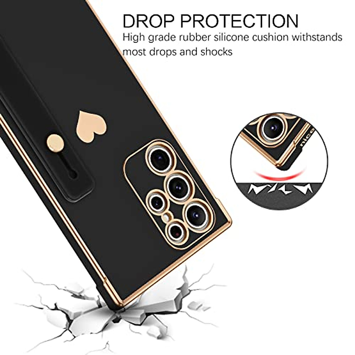 BENTOBEN Galaxy S22 Ultra Case,Slim Luxury Heart Design Plated Soft Bumper Women Men Girl Protective Case Cover with Strap for Samsung Galaxy S22 Ultra 6.8 inch,Black/Gold