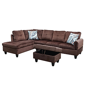NOTOP Seater 3-Piece Flannel L-Shaped Sectional Sofas, Button Tufted Upholstered Couch Set with Left Chaise Longue and Storage Ottoman, for Living Room, Home, Office, Chocolate, 97