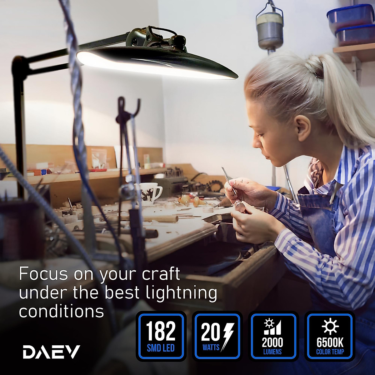 LED Desk Lamp with Clamp - DAEV – 2,200 Lumen 20" CCT Swing Arm Desk Light- 182 LEDs Adjustable from 300K to 6500K – Task, and Work Lamp for Nail Techs, Hobbyists, Artists, and Crafters, Black