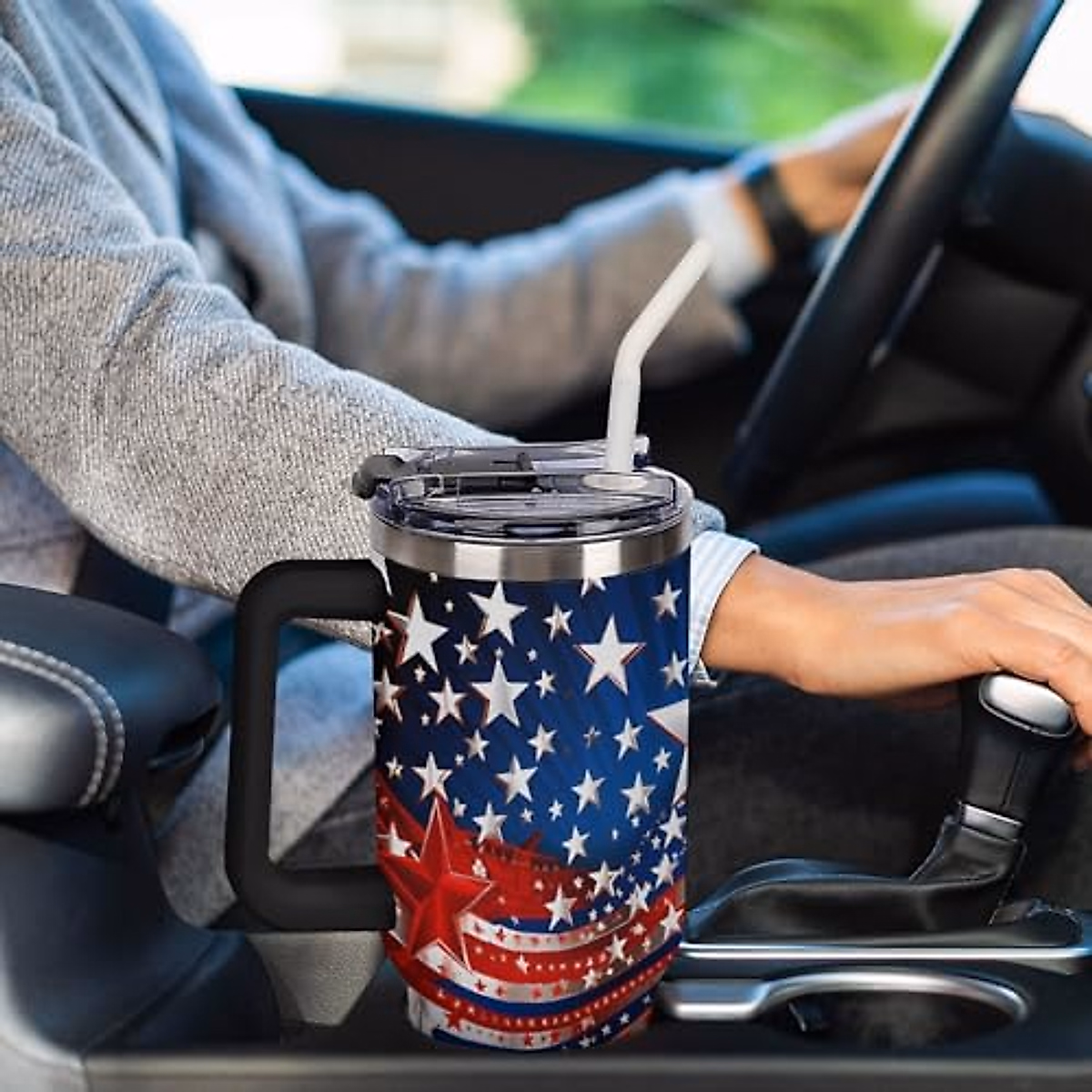 Independence Day U.S. Stars 40 Oz Stainless Steel Cup Travel Tumbler with Handle and Straw Lightweight Coffee Mug for Home Office