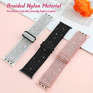 3 Pack Shiny Bands Compatible with Apple Watch Band for Women 38mm 40mm 41mm, Nylon Stretchy Straps for iWatch Series 9 Ultra SE 8 7 6 5 4 3 2 1