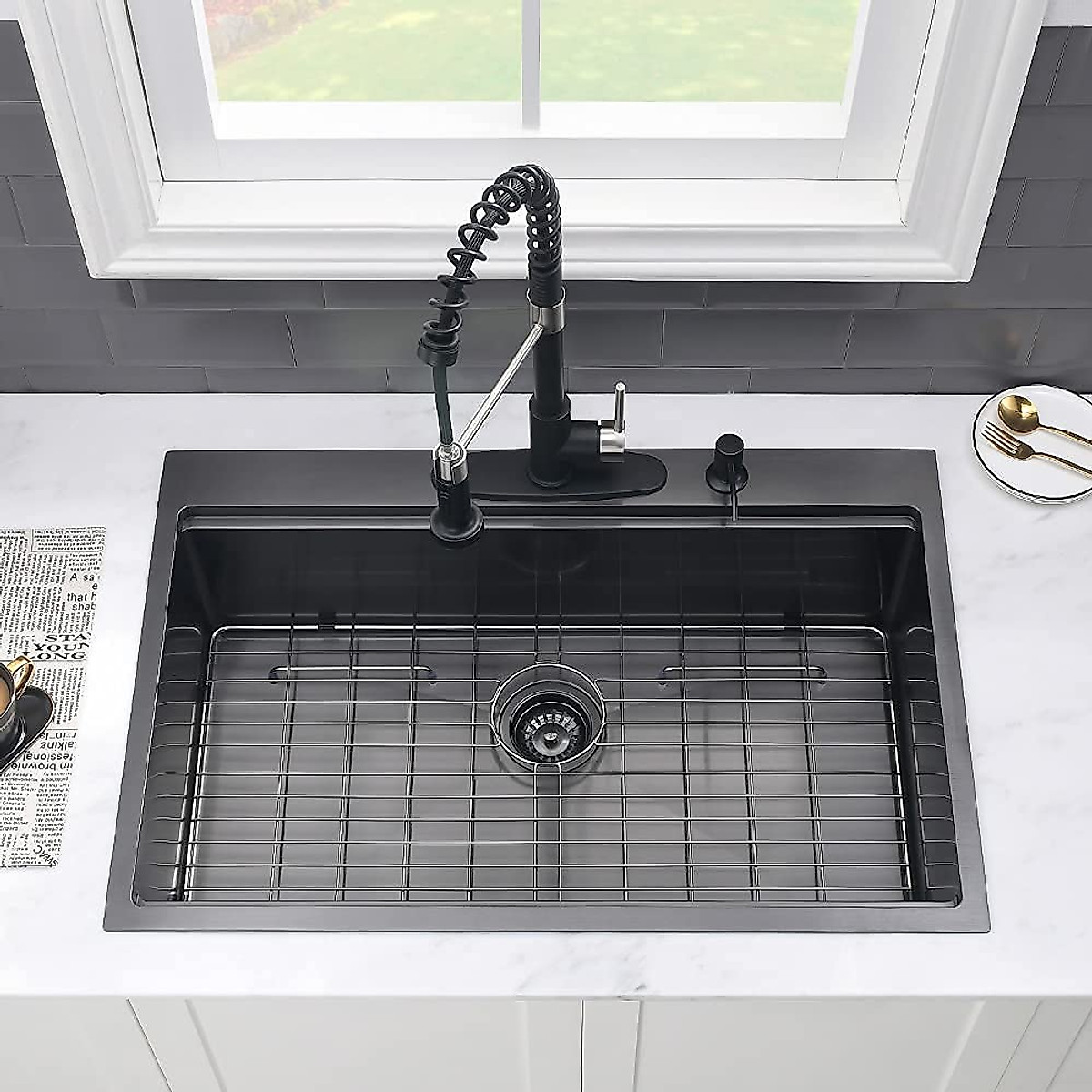 33 Black Drop In Kitchen Sink Workstation-VASOYO 33x22 Inch Drop n Topmount Kitchen Sink Gunmetal Black Stainless Steel Sink 16 Gauge 10 Inch Deep Single Bowl Kitchen Sink with Cutting Board&Colander