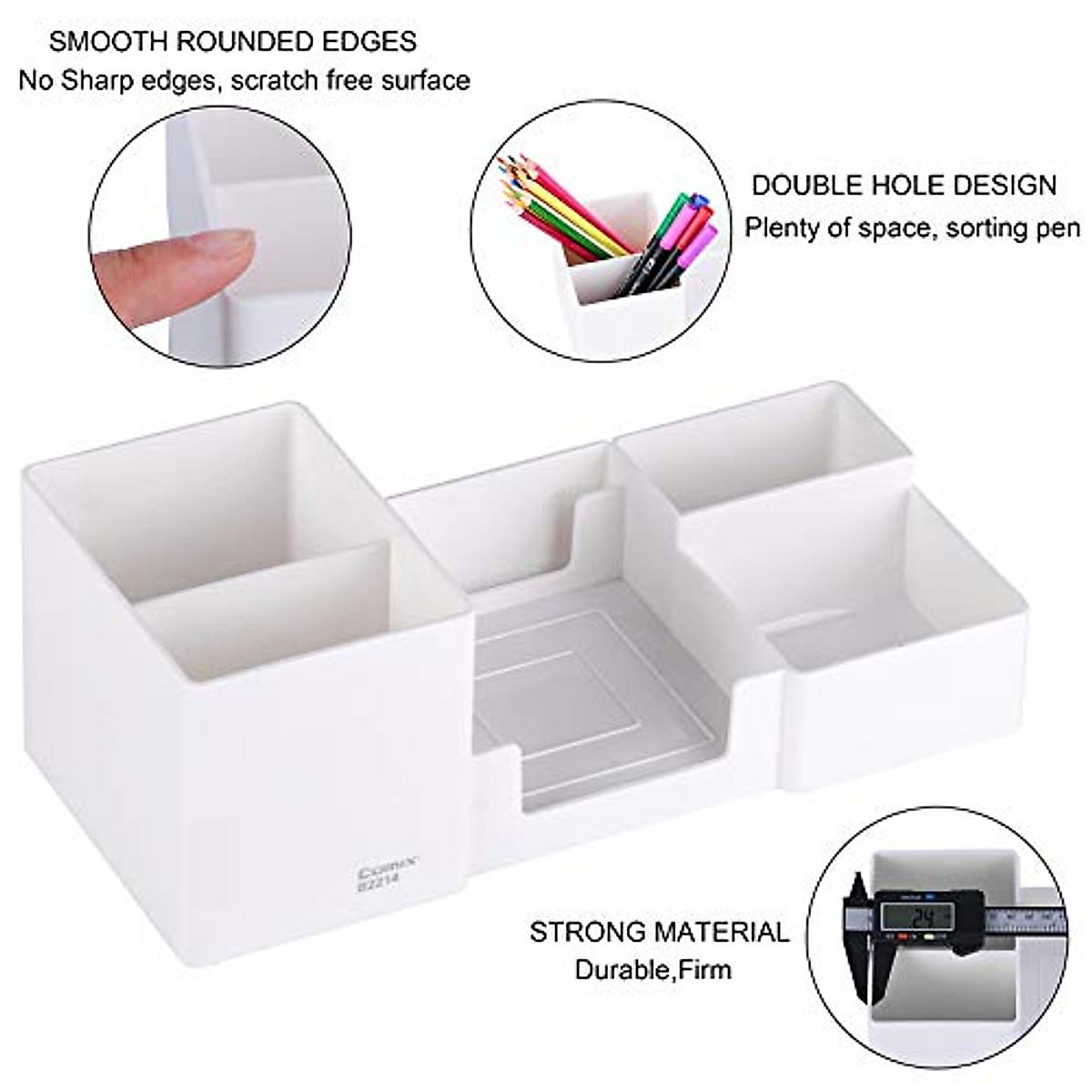 Comix Desk Organizer with Pen Holder Sticky Note Tray Paperclip Storage, Office Accessories Caddy, Office Stationery Supply Organizers, 6 Compartments Pencil Holder, White