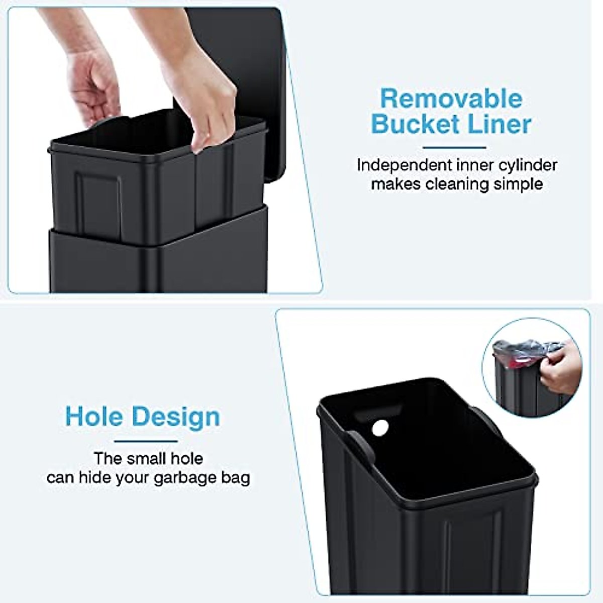 BETHEBEST 2.6 Gallon Small Trash Can with Removable Wastebasket,Step Trash Can with Soft Close Lid, Rectangular Trash Bin for Bathroom,Bedroom,Office (Black)
