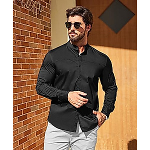 COOFANDY Muscle Fit Dress Shirts for Men Collarless Button Down Outfits Summer Fitted Shirts Wrinkle-Free Long Sleeve Business Casual Mandarin Collar No Iron Shirt Black XL