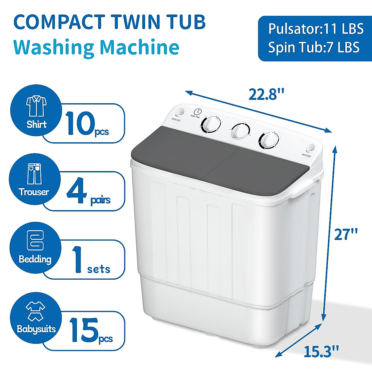 Portable Twin Tub 18lbs Washing Machine, Buy (washer) Get (Dry Rack+10 Hangers) Free! Mini Compact Laundry Lavadora Portatil, Twin Tub 11lbs Washer & 9lbs Spinner, Clothes Washing Machines
