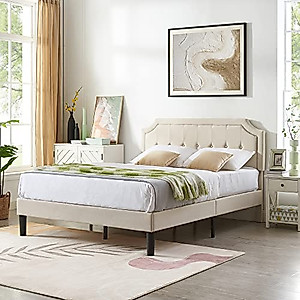 VECELO Upholstered Platform Bed Frame with Adjustable Headboard, Wooden Slats Support, No Box Spring Needed, Modern Style, Queen Size