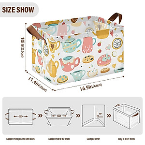 SPRIPORT Bread Teapot Cookies Foldable Storage Cube for Shelves Fabric Storage Bin with Metal Frame & Double Handles Large Storage Basket for Organizing Clothes Toys Blankets Books
