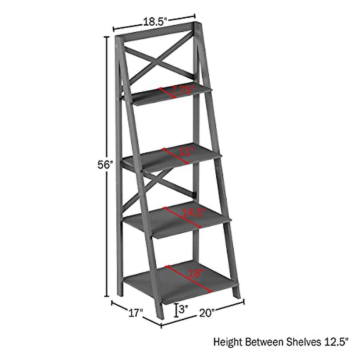 Lavish Home 4-Tier Ladder Bookshelf - Freestanding Shelved Bookcase with X-Back Frame and Leaning Look - Display Shelves for Home and Office (Gray)