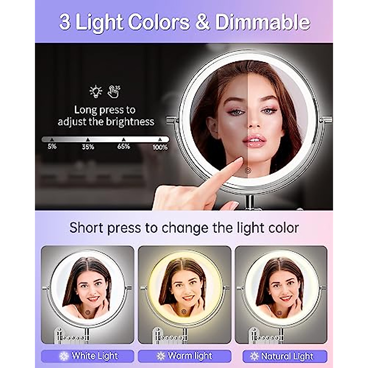 Rechargeable Wall Mounted Lighted Makeup Mirror, 1X/10X Magnifying Mirror with 3 Light Settings, 8 Inch 360° Swivel Extendable Bathroom Mirror, Double Sided Telescoping Mesh Vanity Mirror - Chrome