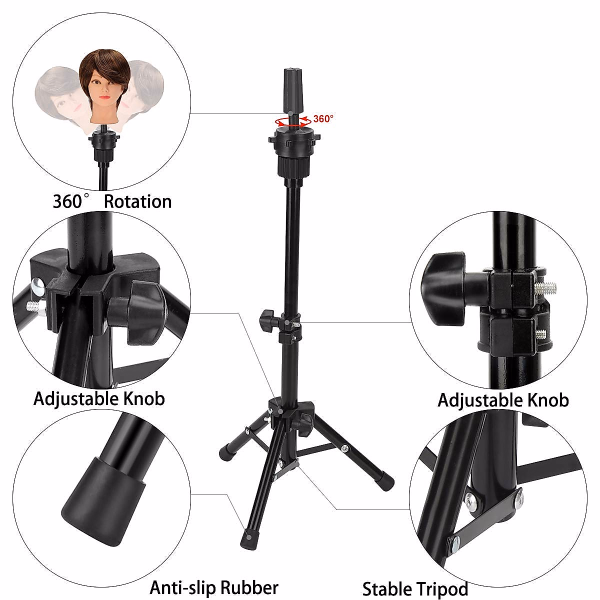 Mini Mannequin Head Stand Holder, Max Length 24 inch, Foldable Metal Adjustable Wig Tripod Stand, Hairdressing Manikin for Salon Hair Cosmetology Teaching Training Hair Extensions