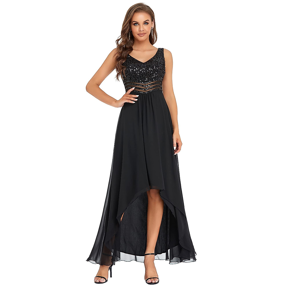 Ever-Pretty Women's A-Line High Low Sequin Chiffon Floor Length Prom Gowns Black US8