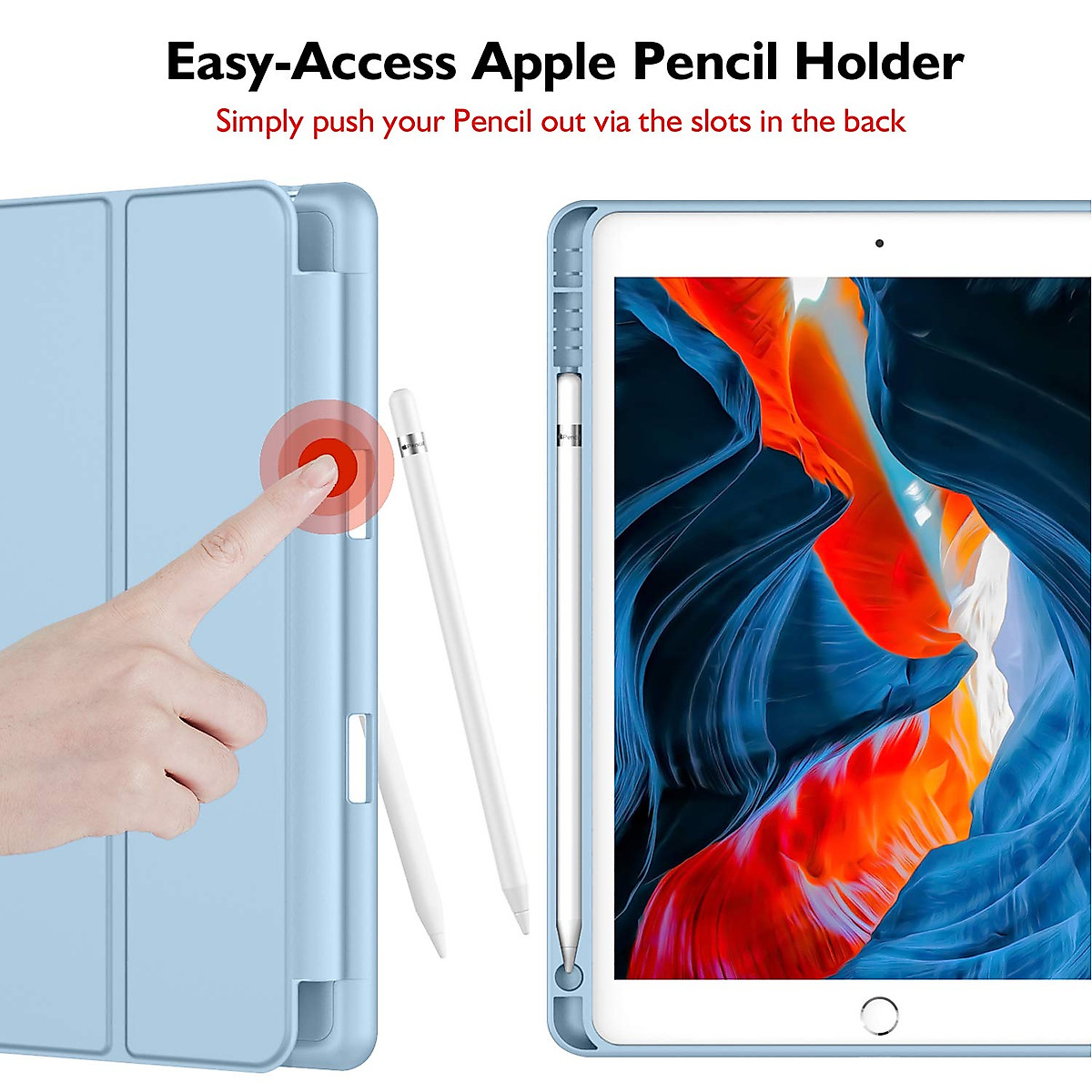 iMieet iPad 9th Generation Case 2021/iPad 8th Generation Case 2020 10.2 Inch with Pencil Holder, iPad 7th Gen 2019 Case with Soft Baby Skin Silicone Back, Auto Wake/Sleep Cover (Sky Blue)