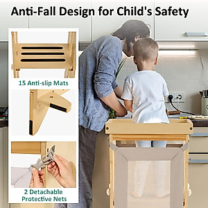 Bateso Toddler Standing Tower, Adjustable Height Toddler Kitchen Stool Helper for Kids 1-6, Toddler Kitchen Step Stool with 2 Detachable Nets, Wooden Montessori Toddler Tower for Kitchen Counter