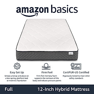 Amazon Basics Signature Infused Gel Memory Foam Hybrid Mattress for Deeper Support, Cushion Firm Feel, Cool to Touch top Fabric, CertiPUR-US Certified, 12 inch, Full, White & Gray
