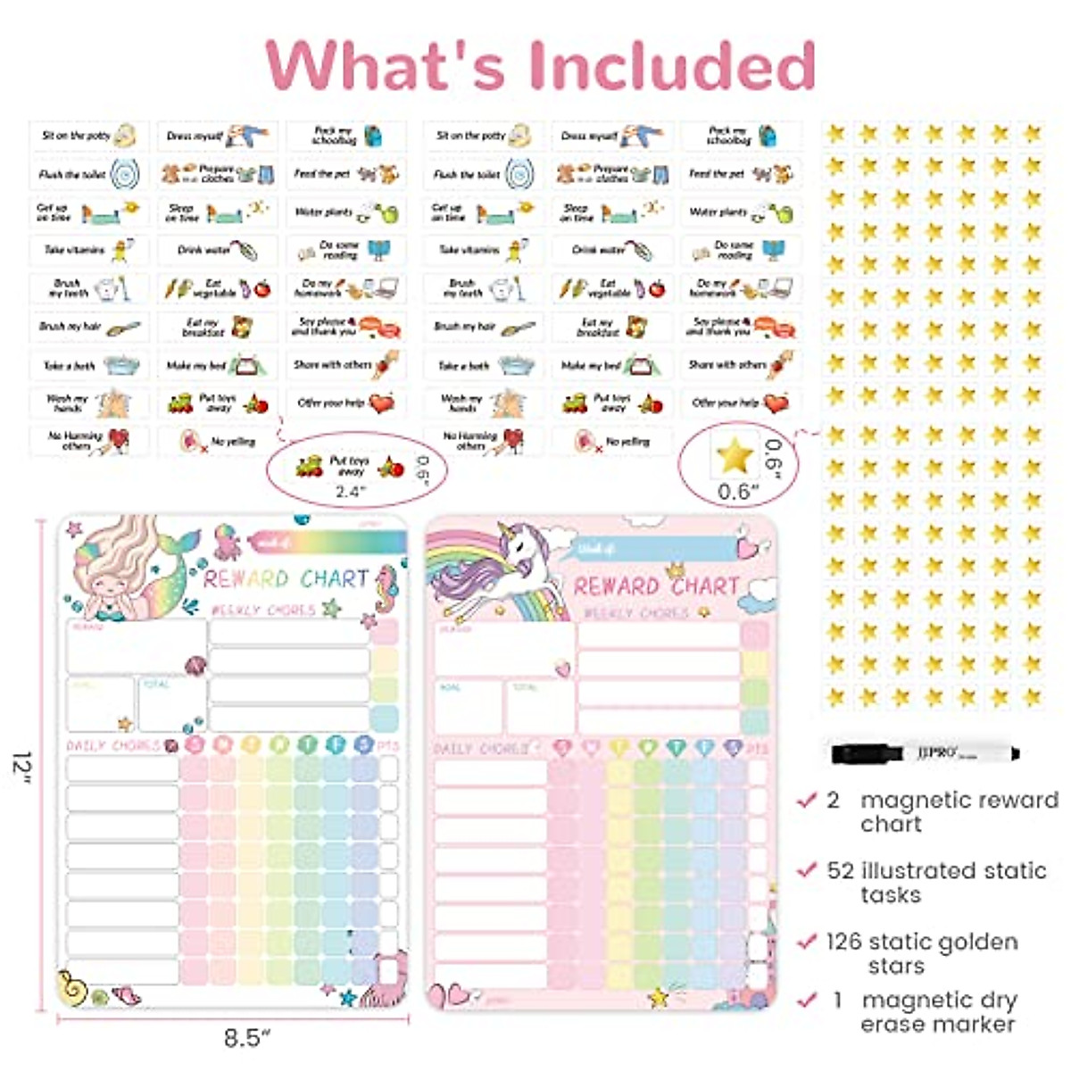 Magnetic Dry Erase Chore Chart for Two Kids, Reward Chart for Kids Behavior. Includes 52 Static Tasks, 126 Golden Stars and Unicorn & Iridescent Mermaid Magnetic Charts Each