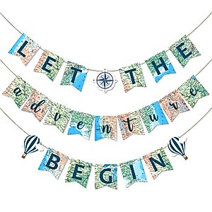 Yaaaaasss! Let the Adventure Begin Banner Adventure Awaits Bon Voyage Map Banner for Travel Themed Birthday Baby Shower Graduation Retirement Job Career Change Farewell Party Decorations Supplies