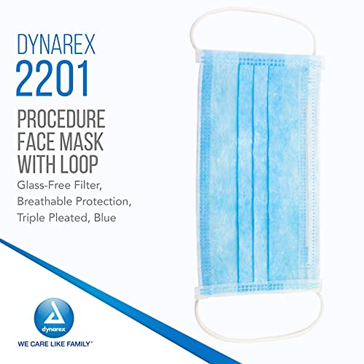Dynarex Disposable Face Mask with Ear Loops- Breathable Blue Medical Procedure Protective Covering, Box of 50