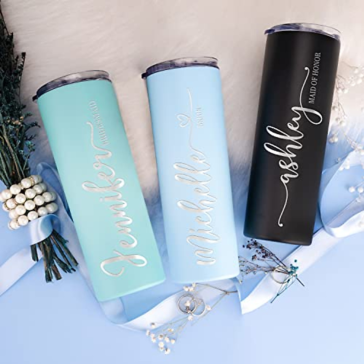 Bridesmaid Gifts Set of 5, Personalized Bridesmaid Tumbler W/ Name and Title, - 8 Vivid Colors, 5 Designs - 20 Oz Engraved Skinny Tumbler W/ Straw Set, Bridal Shower Gift, Bridesmaid Proposal Gifts