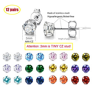 LOYALLOOK 12 Pairs Stainless Steel Brilliant Cut Round Cubic Zirconia Birthstone Stud Earrings for Women (C:3mm 12 pairs)
