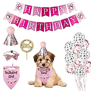 GUOYIHUA Dog Birthday Party Supplies, Dog Birthday Bandana Scarf, Doggie Boy Birthday Party Hat with Number, Bowtie Balloons Banner for Small Medium Dogs Pets, Birthday Party Decorations (6PCS, Pink)